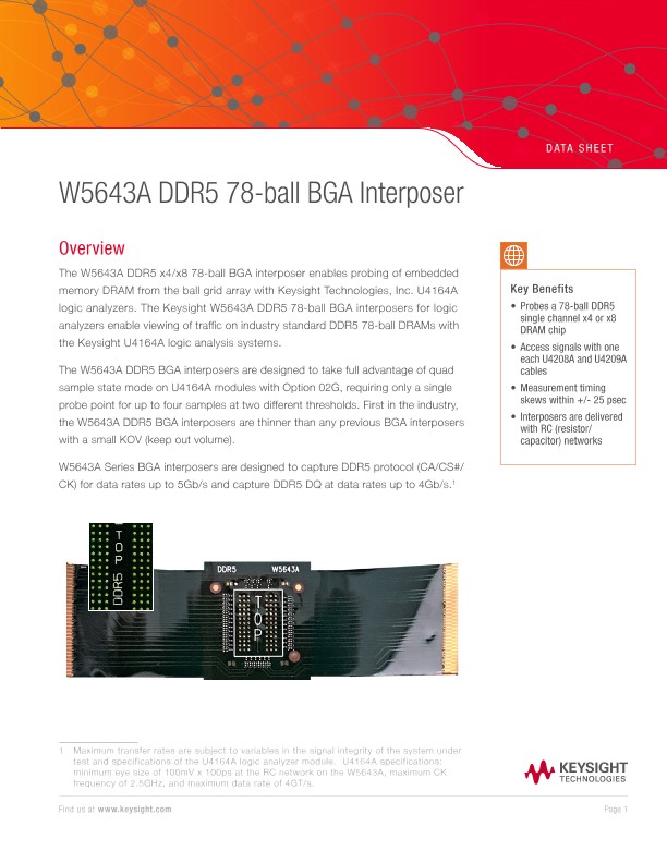 W5643A DDR5 78-ball BGA Interposer PDF Asset Page | Keysight